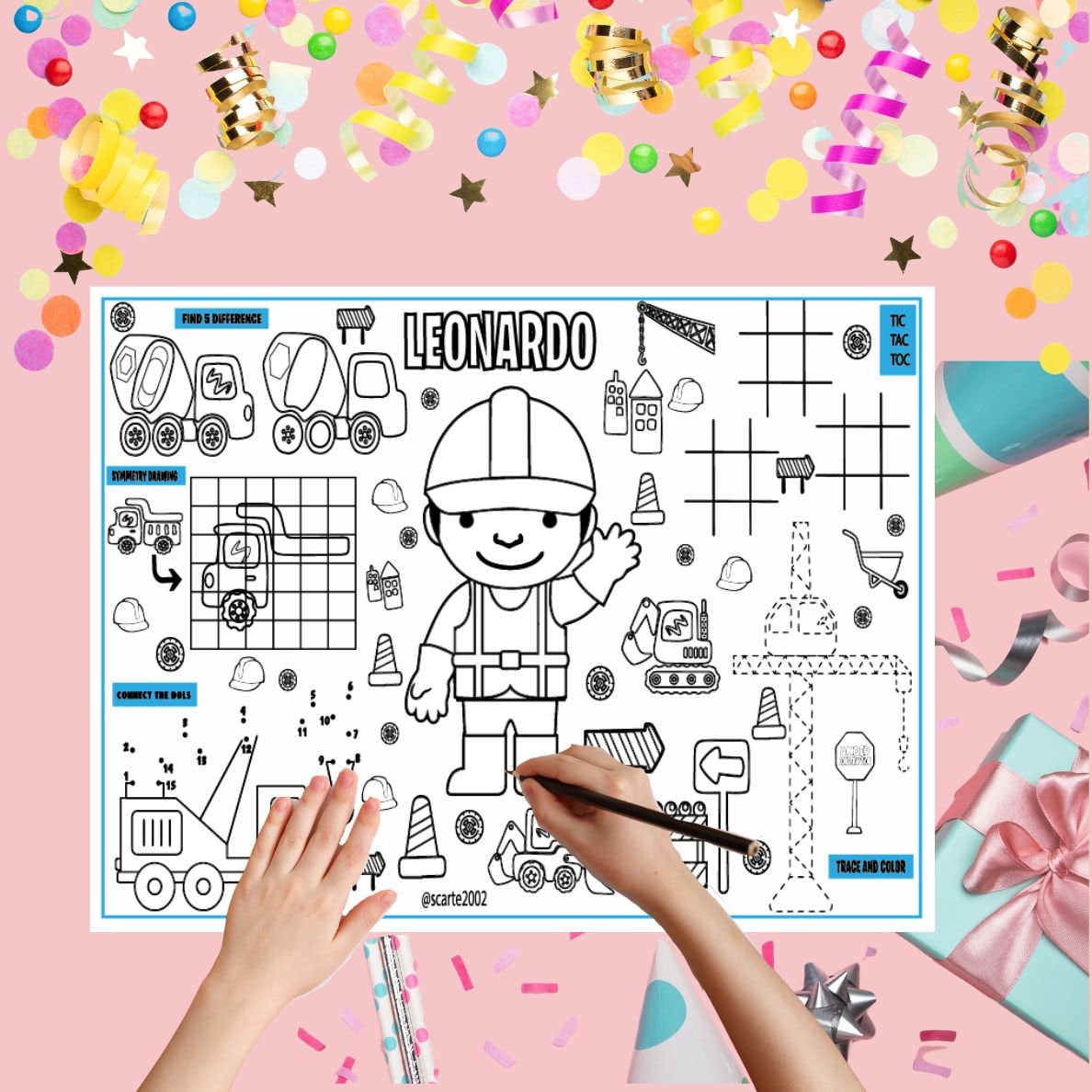 Printable Construction Coloring Activity Sheet Custom, Placemat ...