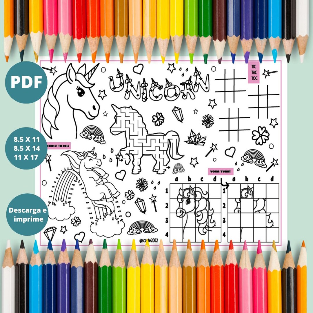 Printable Unicorn Coloring Activity Sheet Custom, Placemat Coloring ...
