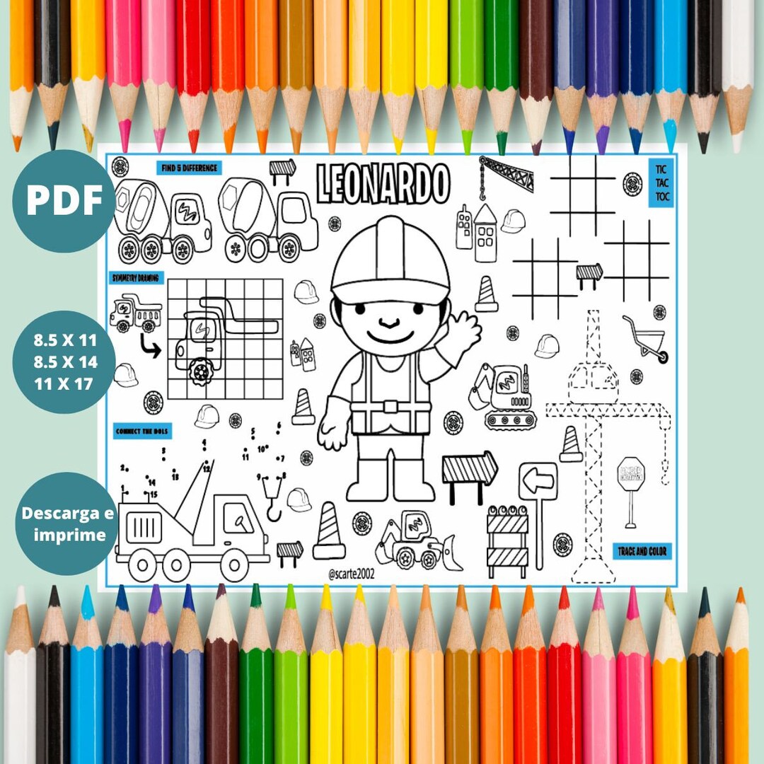 Printable Construction Coloring Activity Sheet Custom, Placemat ...