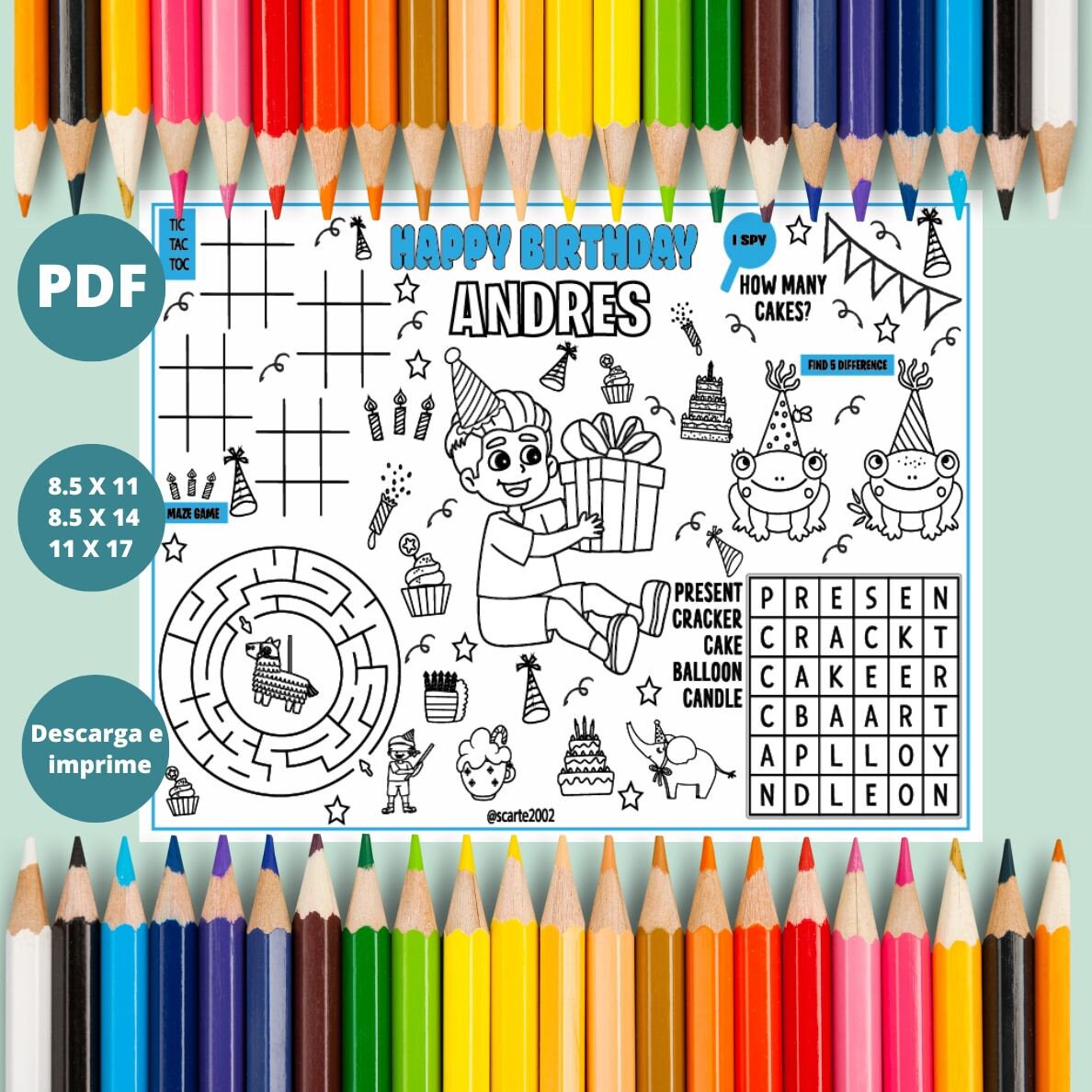 Printable Happy Birthday Coloring Activity Sheet Custom, Placemat ...