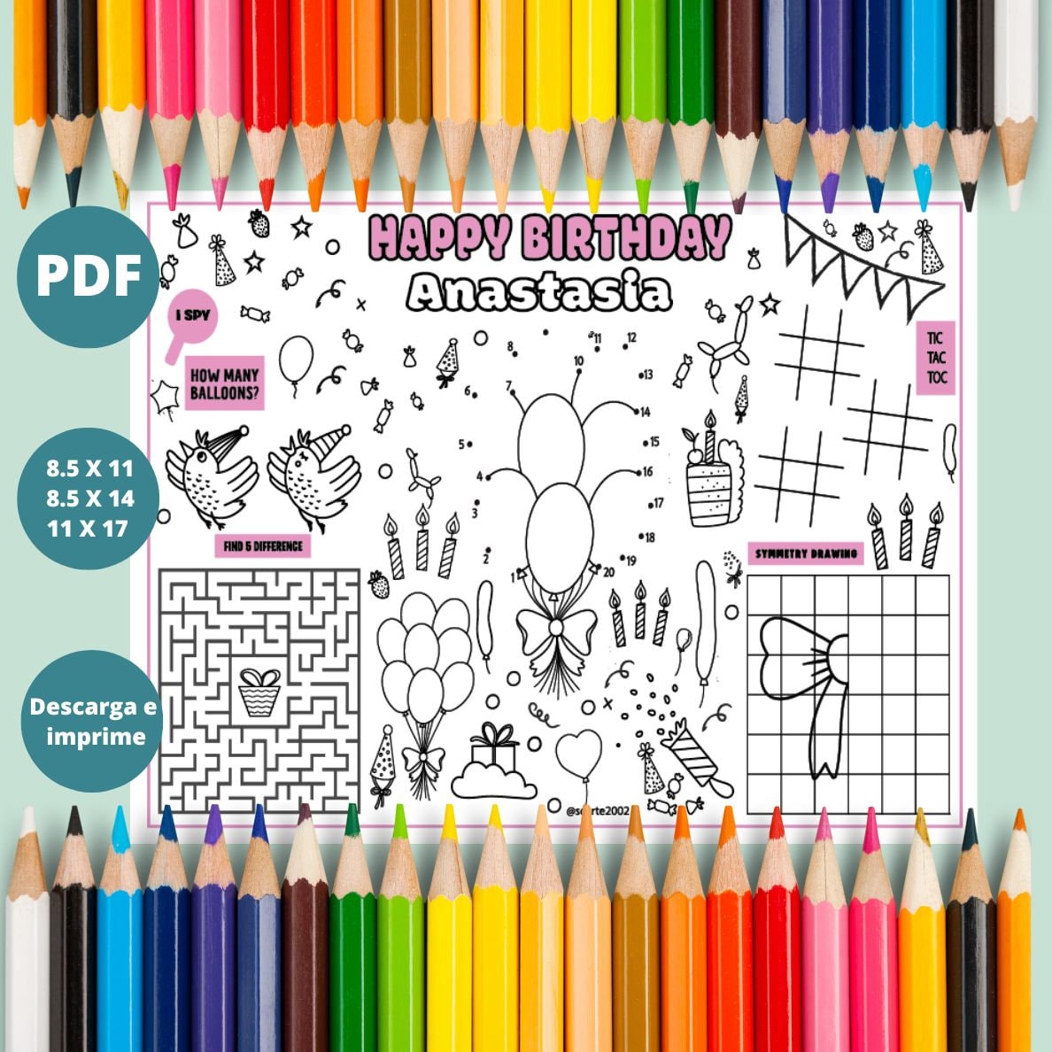 Printable Happy Birthaday Coloring Activity Sheet Custom, Placemat ...