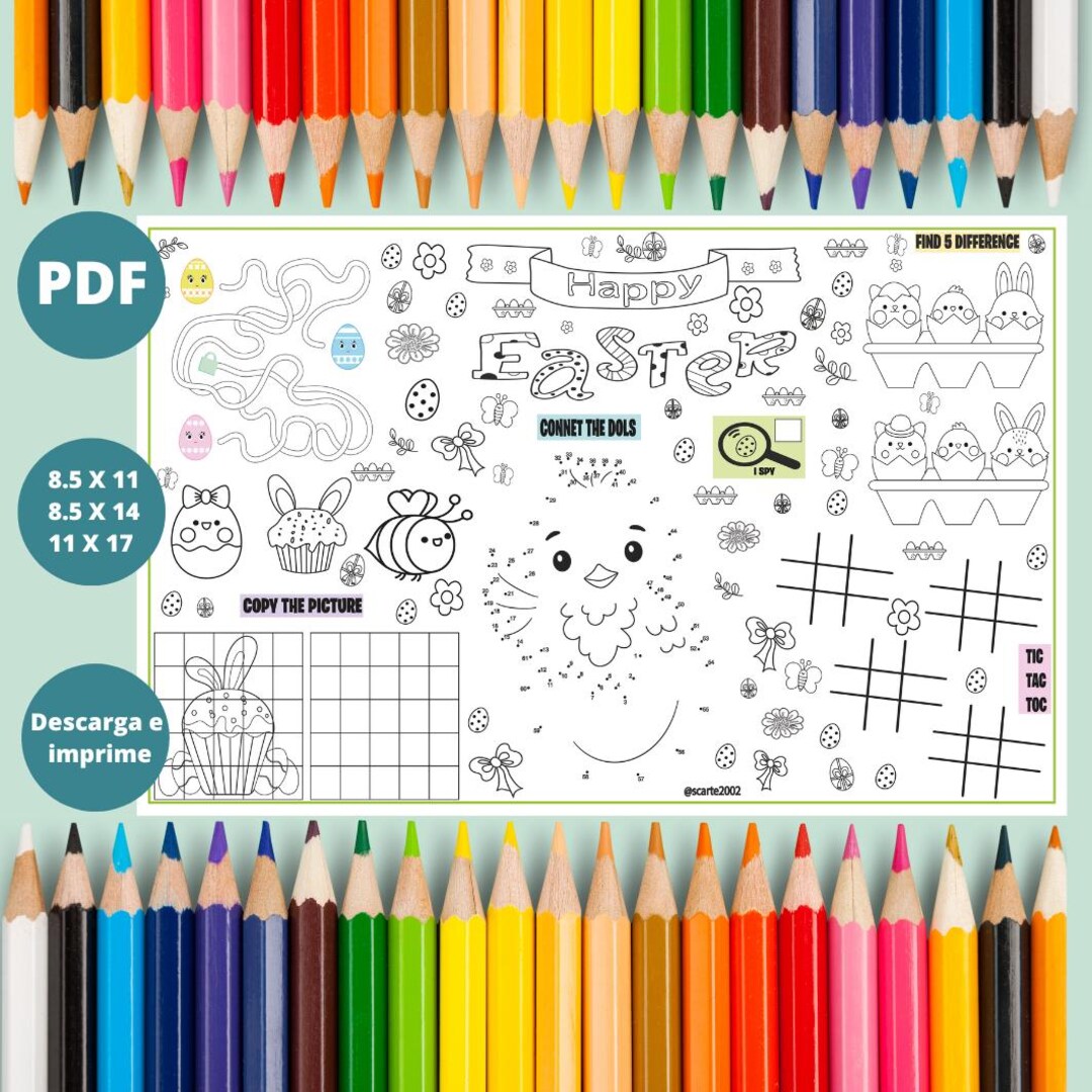 Easter Placemat, Kids Easter Coloring Placemat, Easter Games, Easter ...