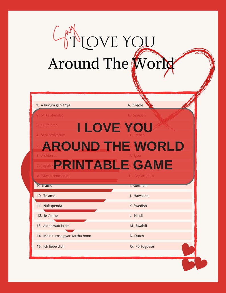 Say I LOVE YOU Around the World Bridal Shower Game | Digital Wedding ...
