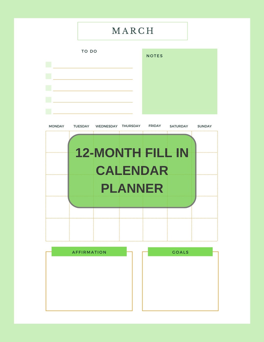 12-MONTH FILL IN Printable Calendar/planner Blank Calendar Monthly ...