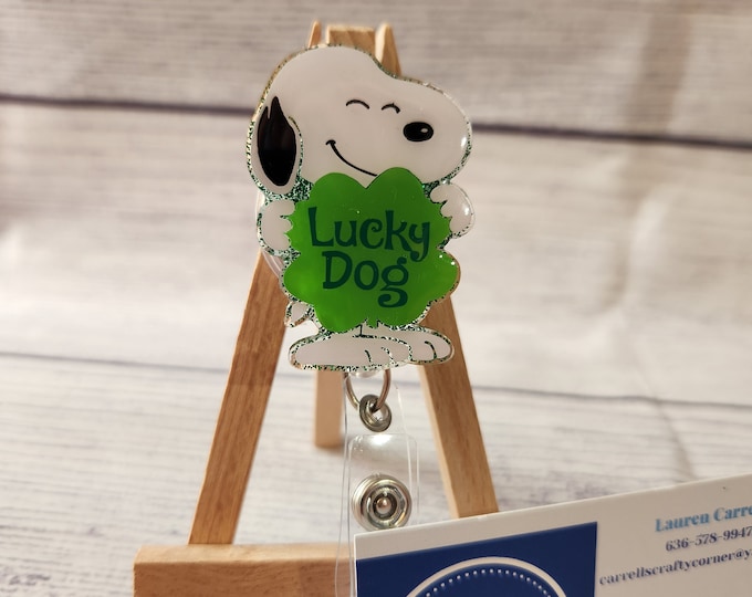 Snoopy Lucky Dog Badge Reel, Snoopy, Shamrock, St. Patty's Day, Badge ...