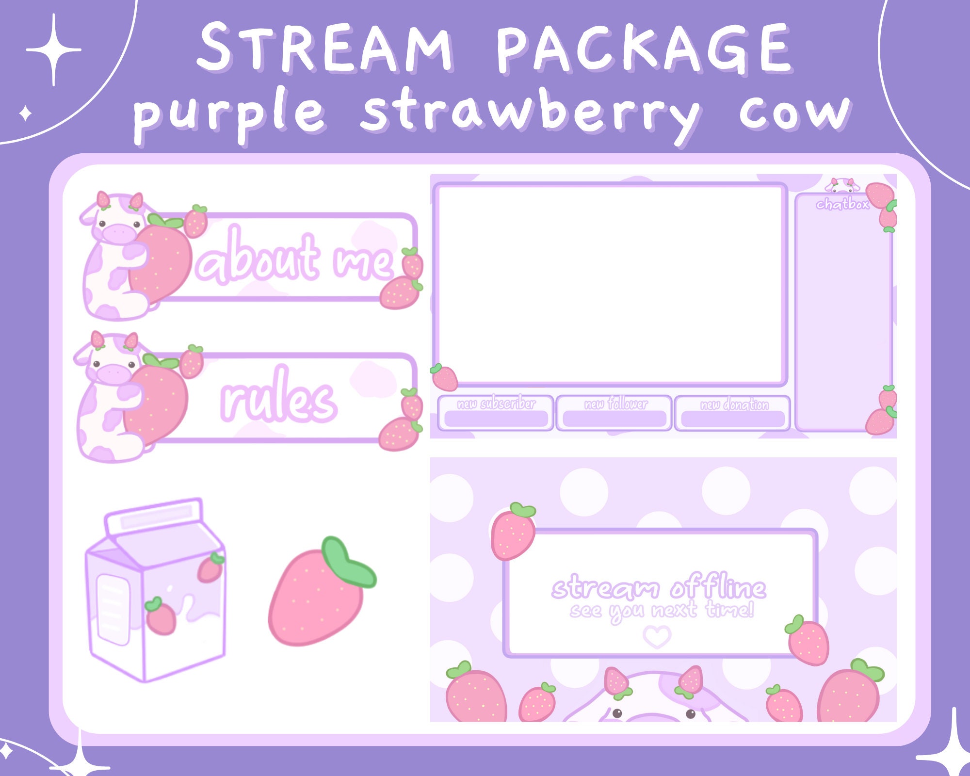ANIMATED Pastel Purple Strawberry Cow Stream Package / Overlays ...