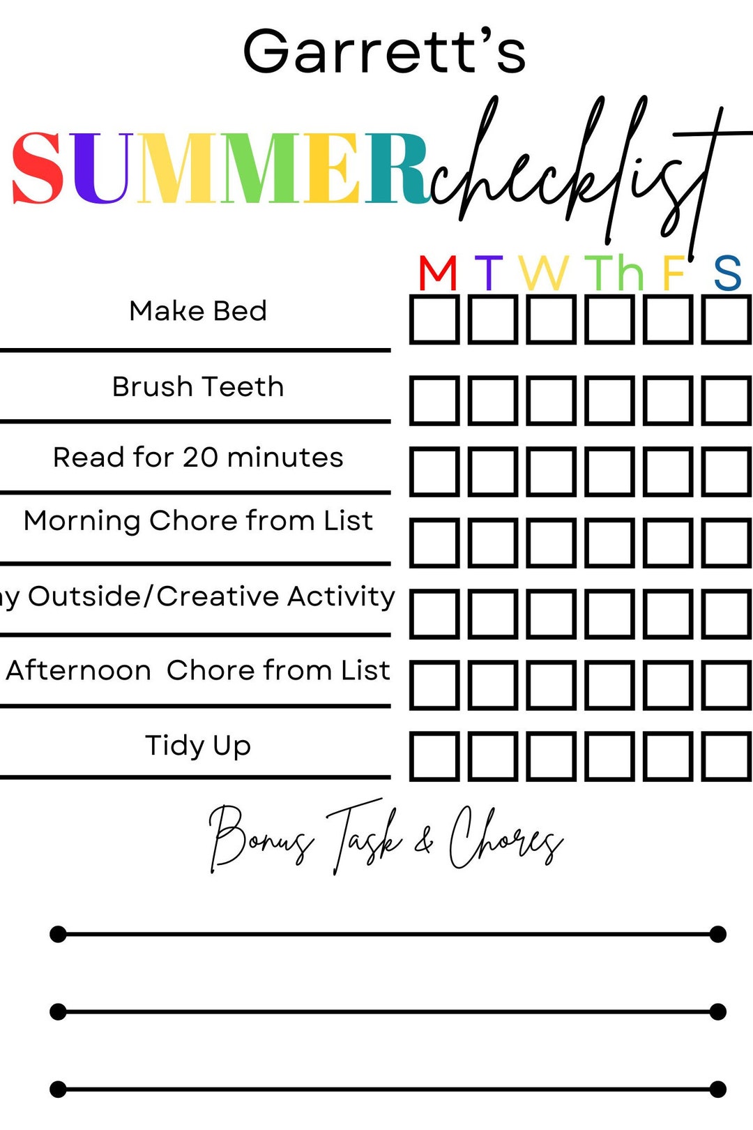 Summer Chores Checklist, Kids Chores, Digital Chore Chart - Etsy