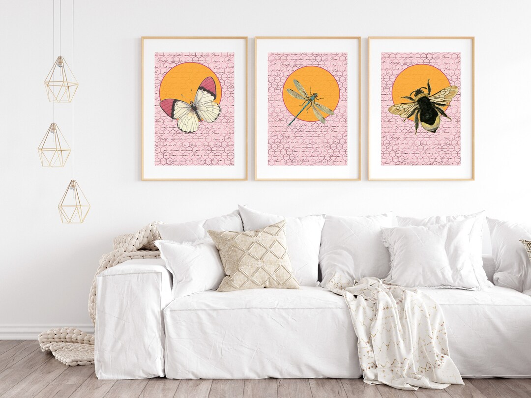 Set of Three Insect Bee, Butterfly, Dragonfly Themed Wall Art for ...