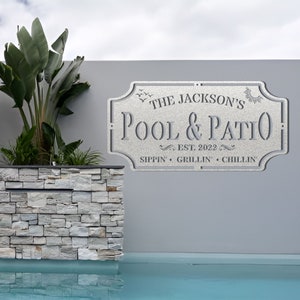 Personalized Pool & Patio Sign Backyard Bar and Grill Pool Deck Last ...