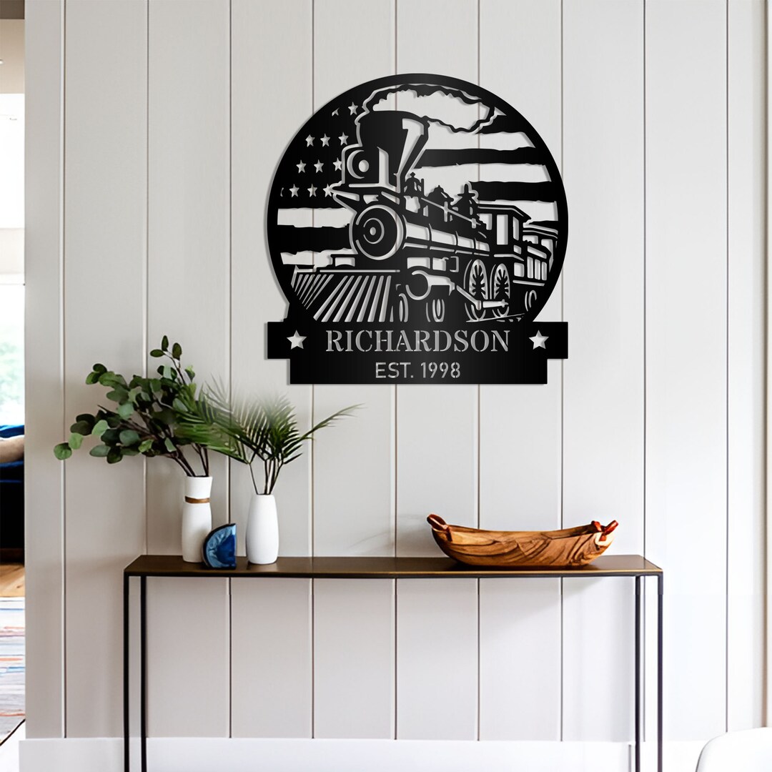 Personalized Train Metal Sign: Custom Railroad Name, US Flag Decor ...