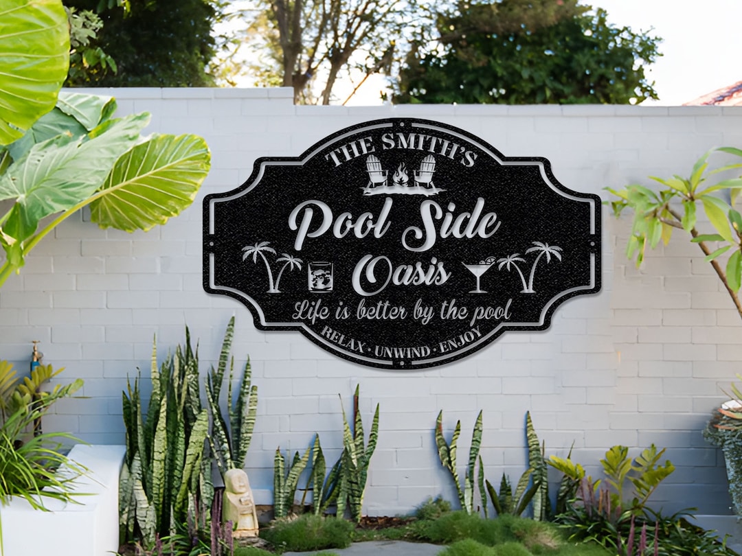 Personalized Family Pool Sign: Poolside Oasis Metal Art - Custom Tiki ...