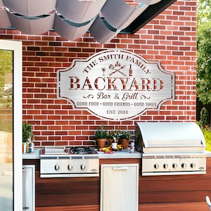 Personalized Backyard Bar & Grill Sign - Custom Metal Outdoor Kitchen ...