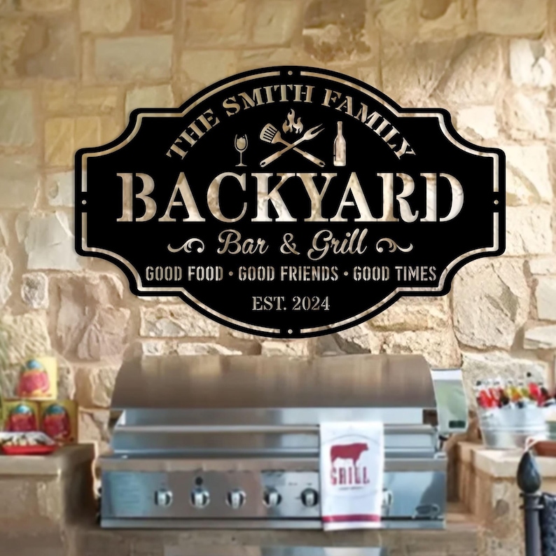 Personalized Backyard Bar & Grill Sign - Custom Metal Outdoor Kitchen ...