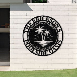 Personalized Family Poolside Sign, Swimming Pool Metal Sign, Tiki Bar ...