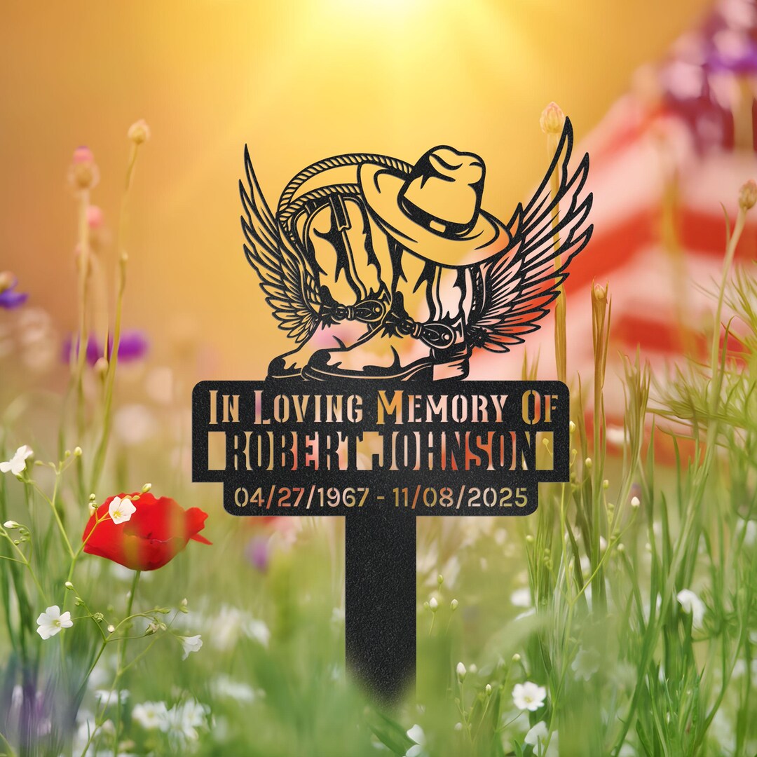 Custom Name Cowboy Memorial Stake, Cowboy Boot Hat With Wings, Cowboy ...