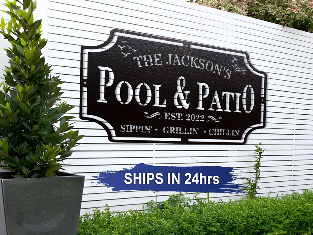 Personalized Pool & Patio Sign Backyard Bar and Grill Pool Deck Last Name Sign, Custom Pool Sign ...
