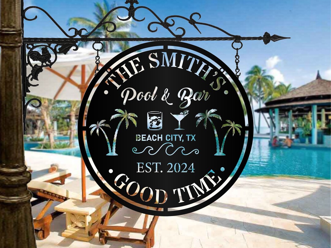 Personalized Family Pool Bar Metal Sign, Palm Tree Tropical Metal Wall ...