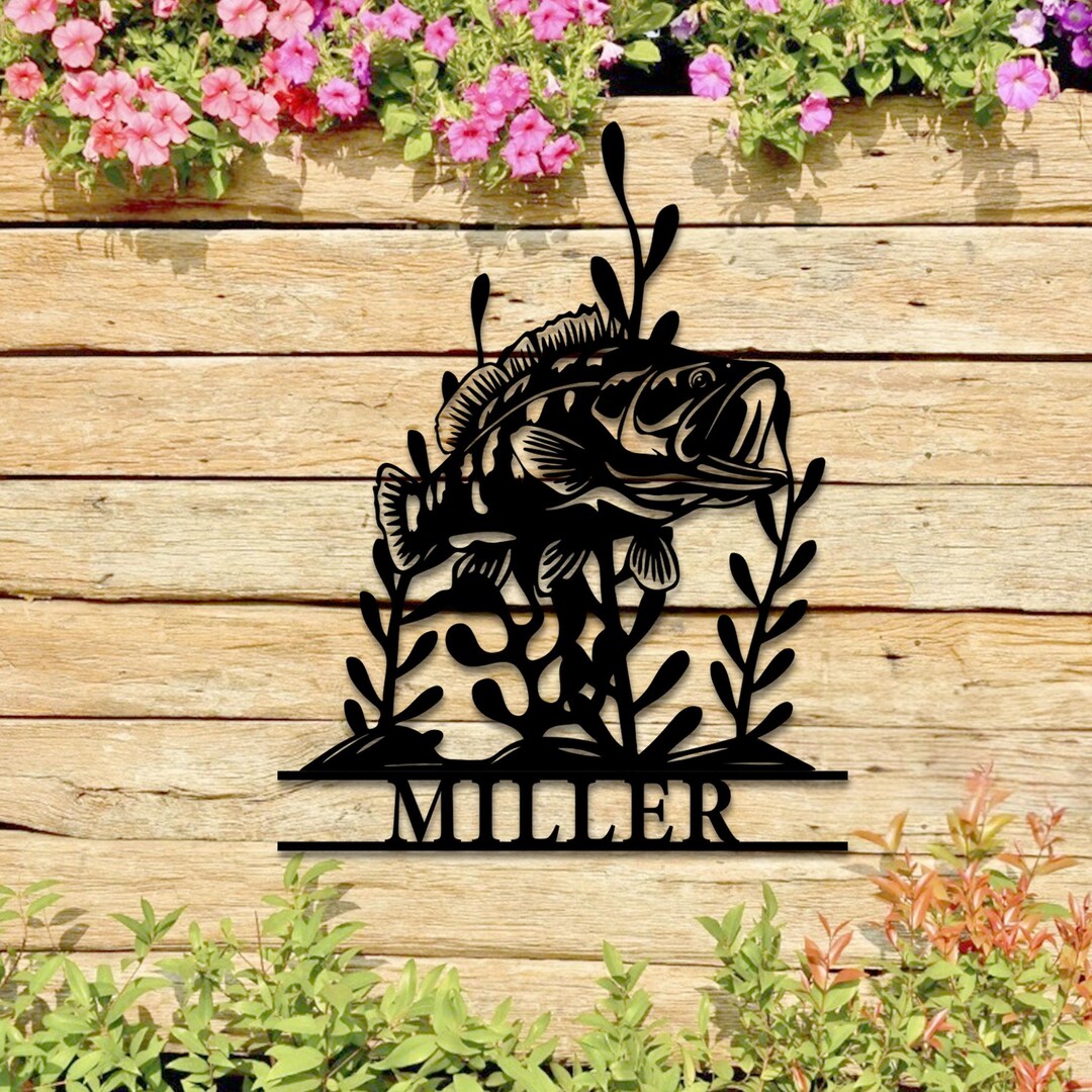 Custom Bass Fish Metal Sign, Bass Fishing Name Sign, Fish Pole Sign ...