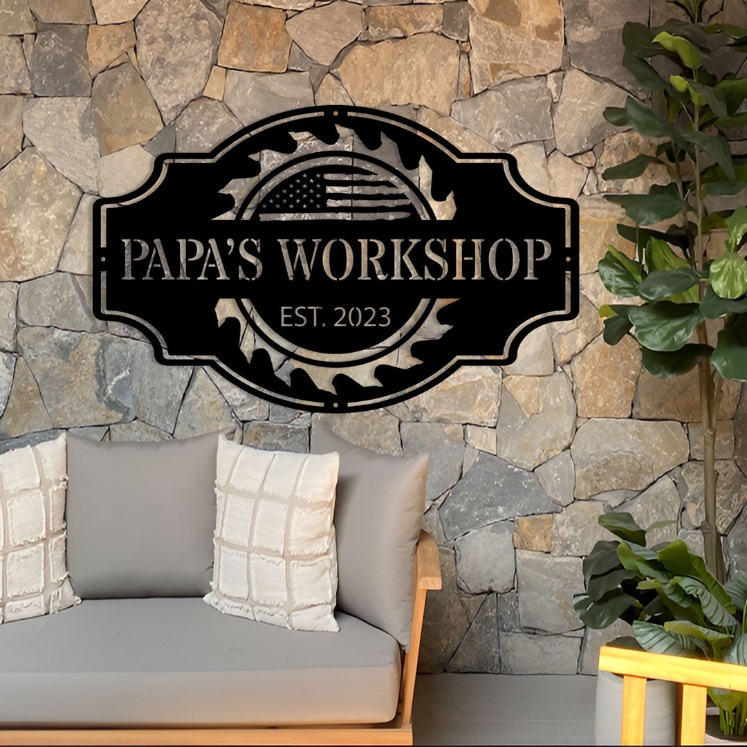 Custom American Flag Workshop Sign,papa's Workshop,metal Shop Sign,dad ...