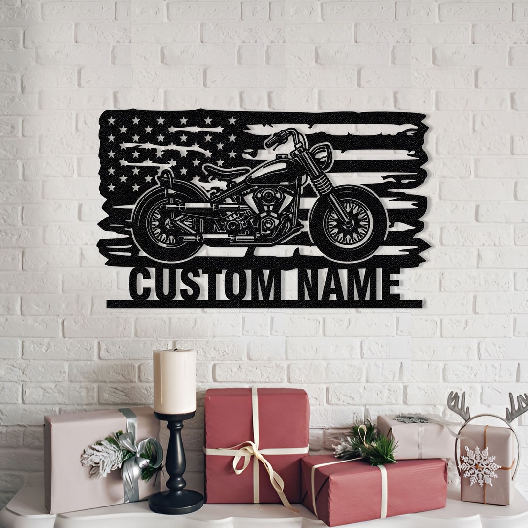 Personalized Motorcycle US Flag Metal Sign: Garage Decor, Man Cave Gift ...