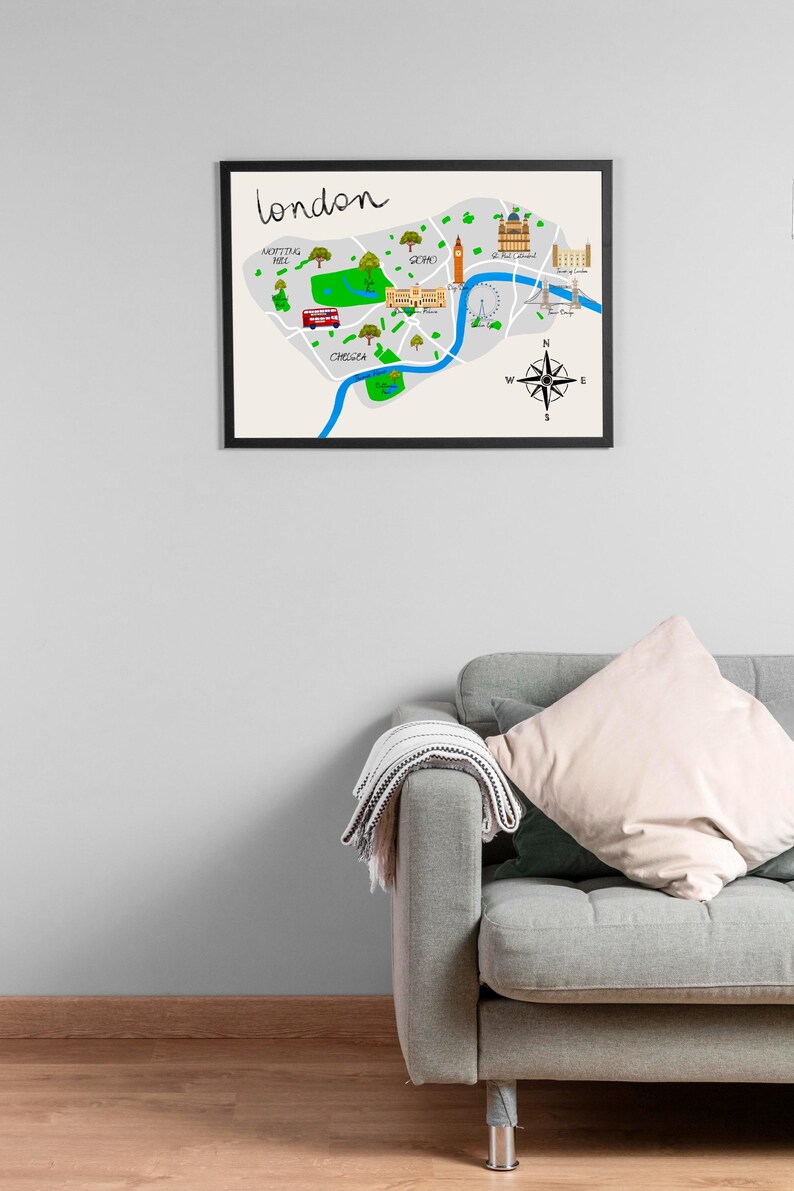 Illustrated London City Travel Map for Wall Art Print, London Map ...