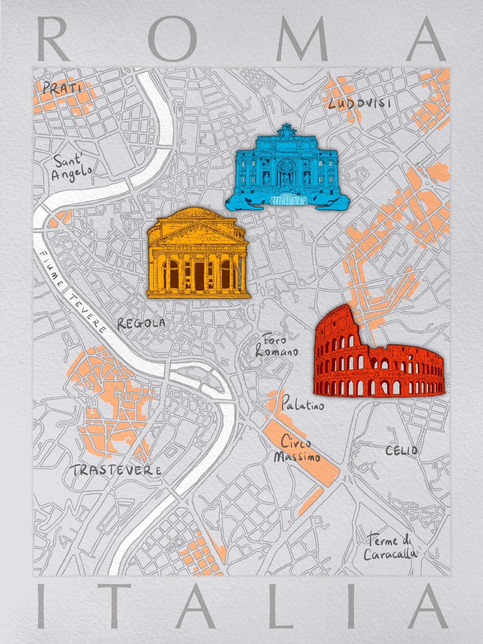 Colosseum Trevi Fountain Pantheon Rome Map Travel Poster Italy Wall Art ...