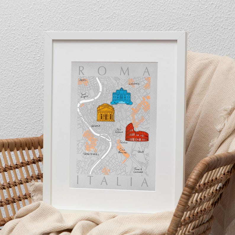 Colosseum Trevi Fountain Pantheon Rome Map Travel Poster Italy Wall Art ...