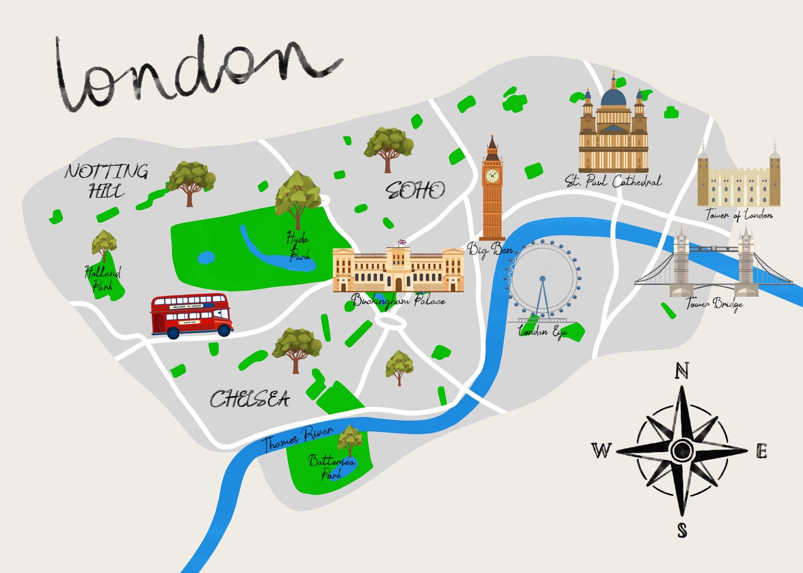 Illustrated London City Travel Map for Wall Art Print, London Map ...