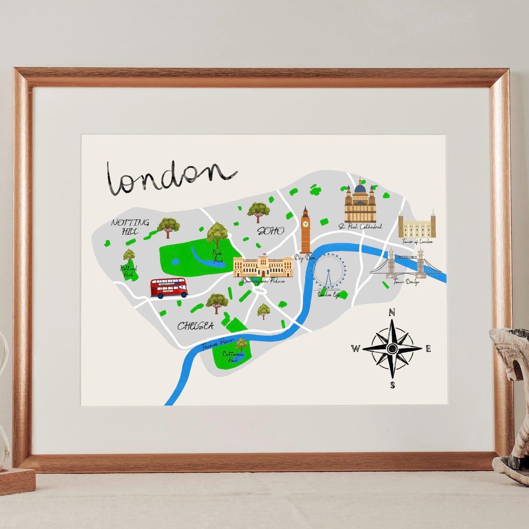 Illustrated London City Travel Map for Wall Art Print, London Map ...