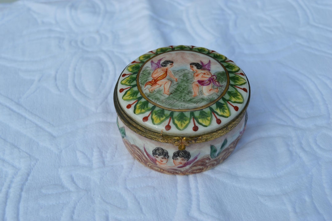 Vintage Capodimonte Trinket Box With Raised Cherubs and Brass Hinged ...