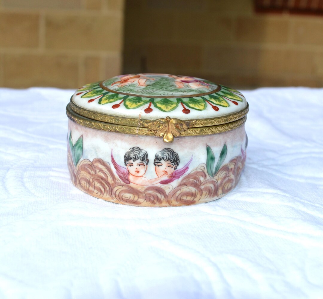 Vintage Capodimonte Hand Painted Trinket Box With Cherubs and Brass ...