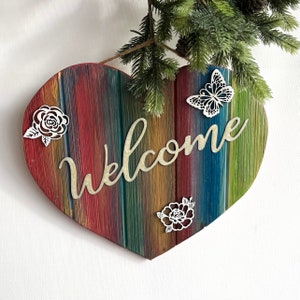 Welcome Heart Sign Wall Decor, Hand Painted Wooden Heart Shaped Wall ...