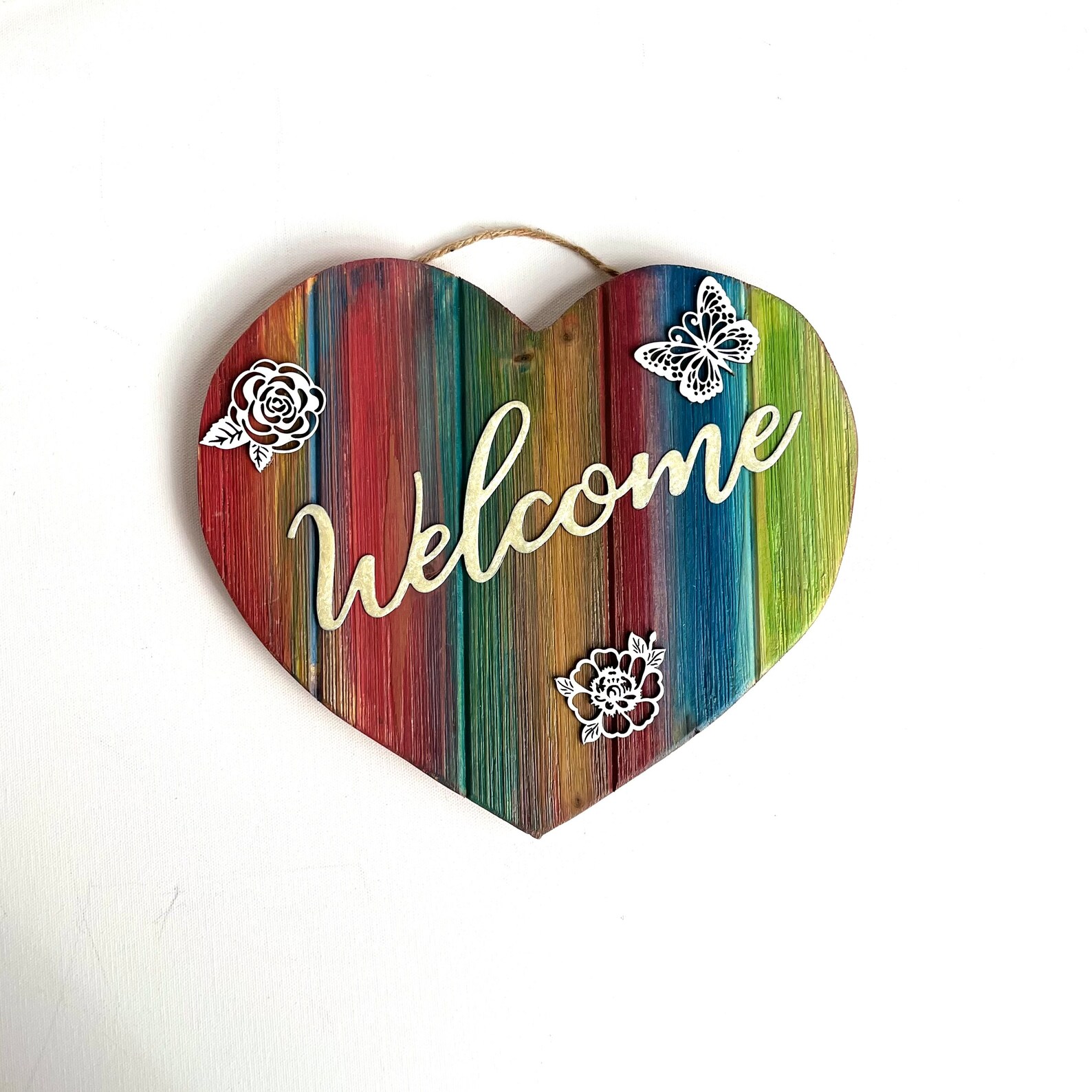 Welcome Heart Sign Wall Decor, Hand Painted Wooden Heart Shaped Wall ...