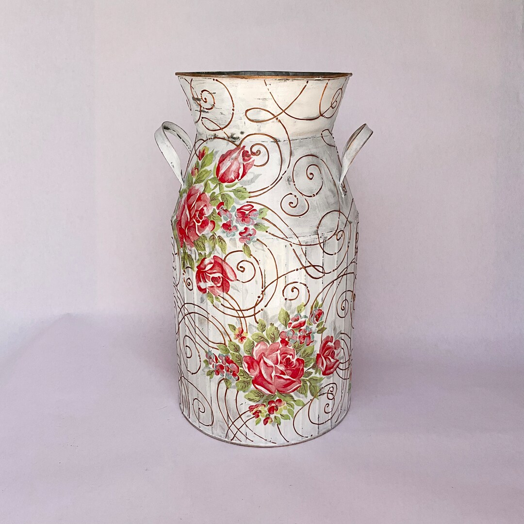 Large Floral Metal Churn Vintage Style Vase Farmhouse - Etsy