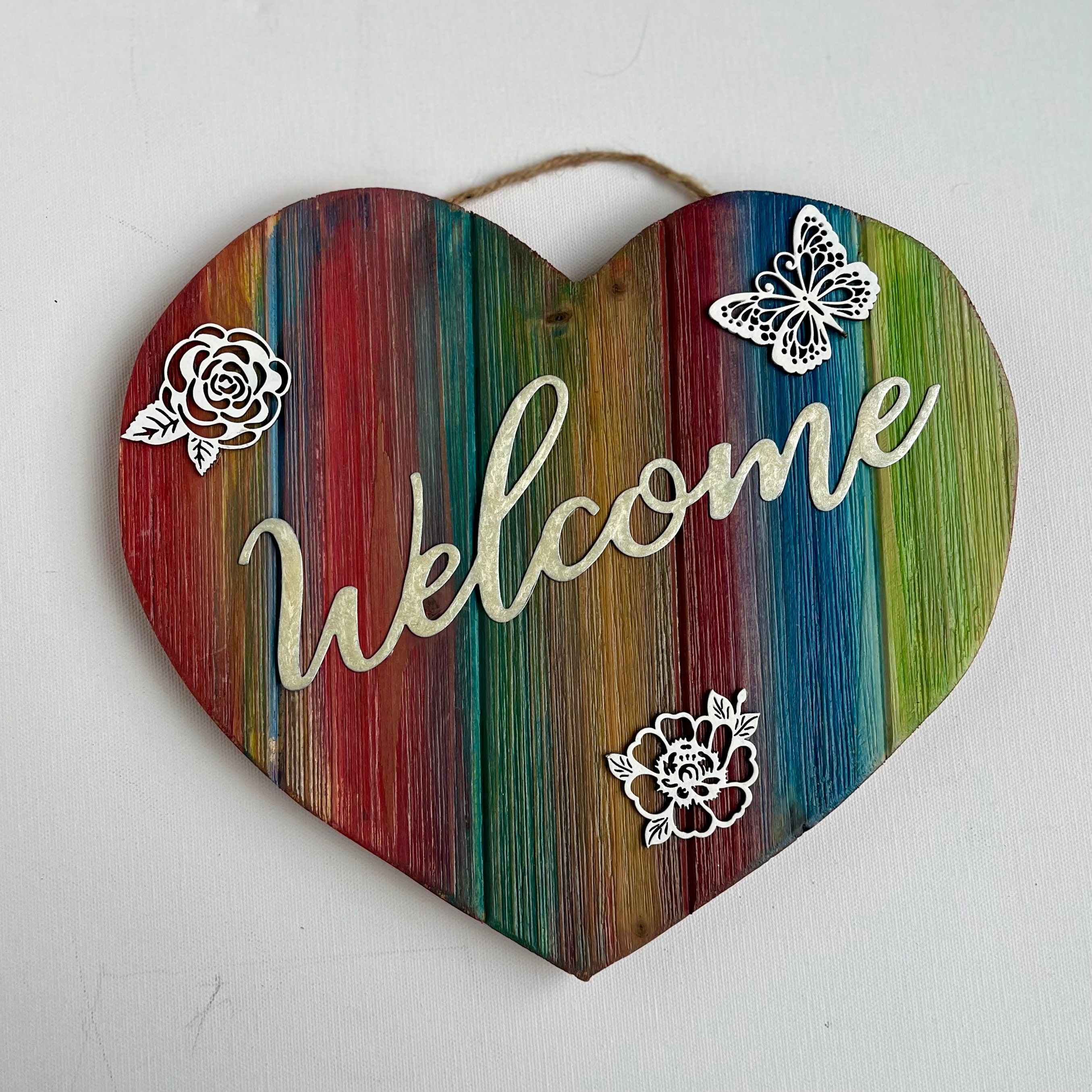 Welcome Heart Sign Wall Decor, Hand Painted Wooden Heart Shaped Wall ...