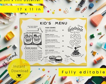 Kids Menu Restaurant Placemat Template Fully Editable Activity Kid Fast ...