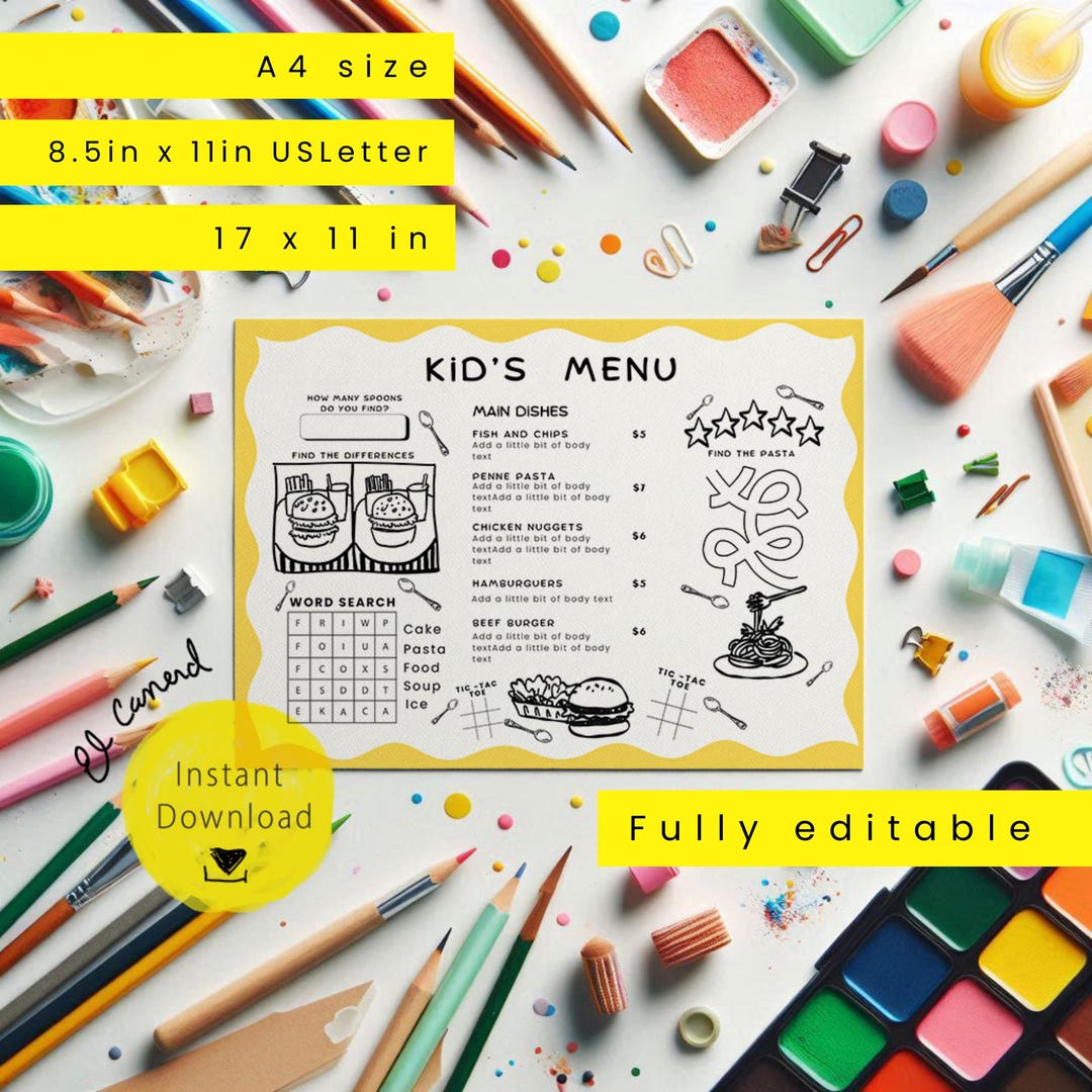 Kids Menu Restaurant Placemat Template Fully Editable Activity Kid Fast ...