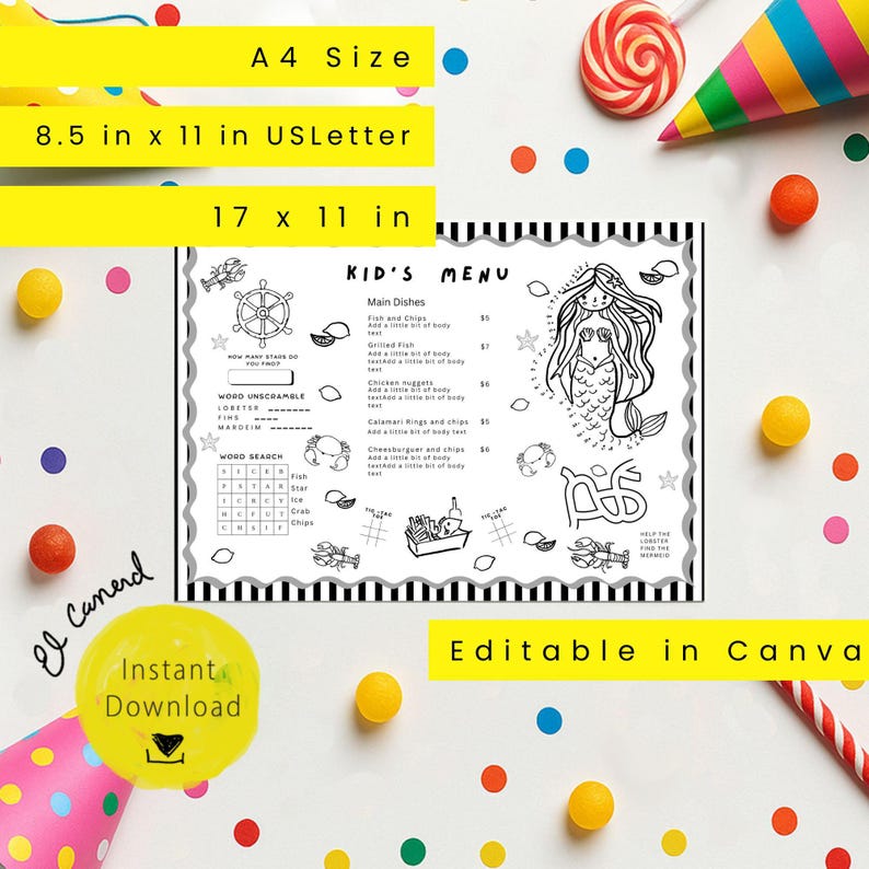 Kids Menu Restaurant Placemat Template Editable Activity Kid Seafood ...