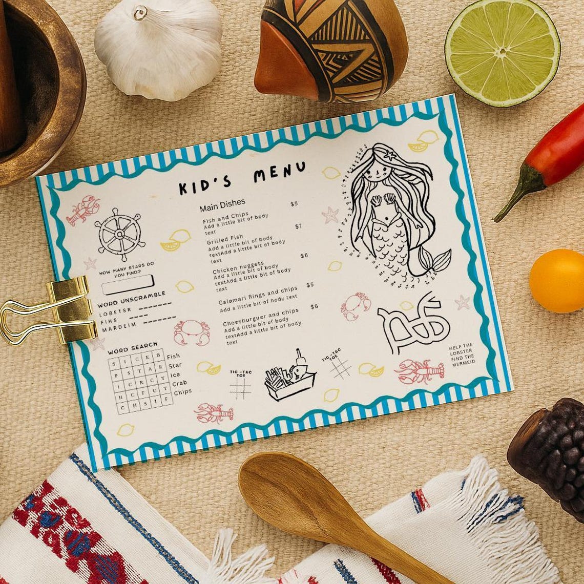Kids Menu Restaurant Placemat Template Editable Activity Kid Seafood ...
