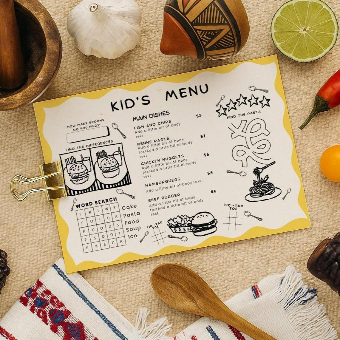 Kids Menu Restaurant Placemat Template Fully Editable Activity Kid Fast ...