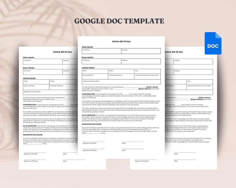 Printable Vehicle Bill of of Template (google Doc & Word File - Etsy