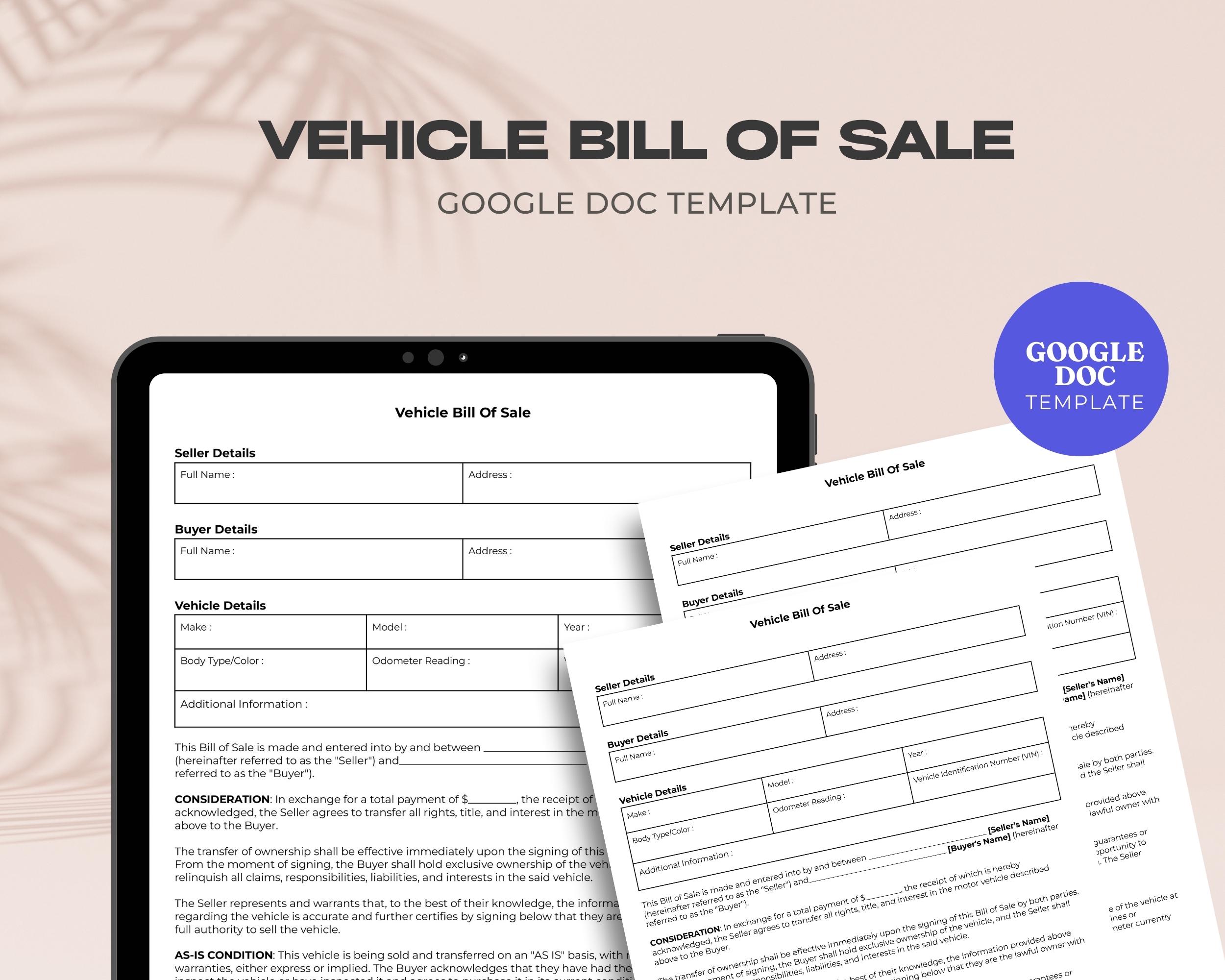 Printable Vehicle Bill of of Template (google Doc & Word File - Etsy