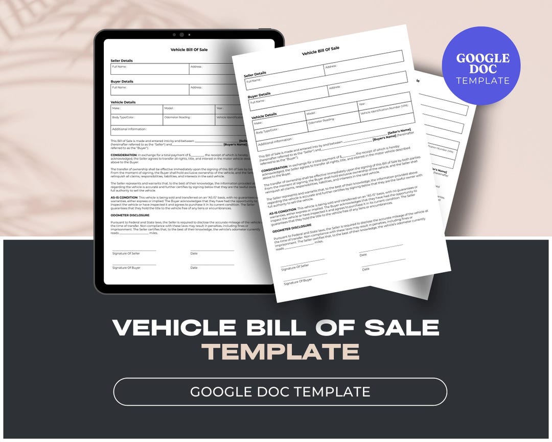 Printable Vehicle Bill of of Template (google Doc & Word File - Etsy