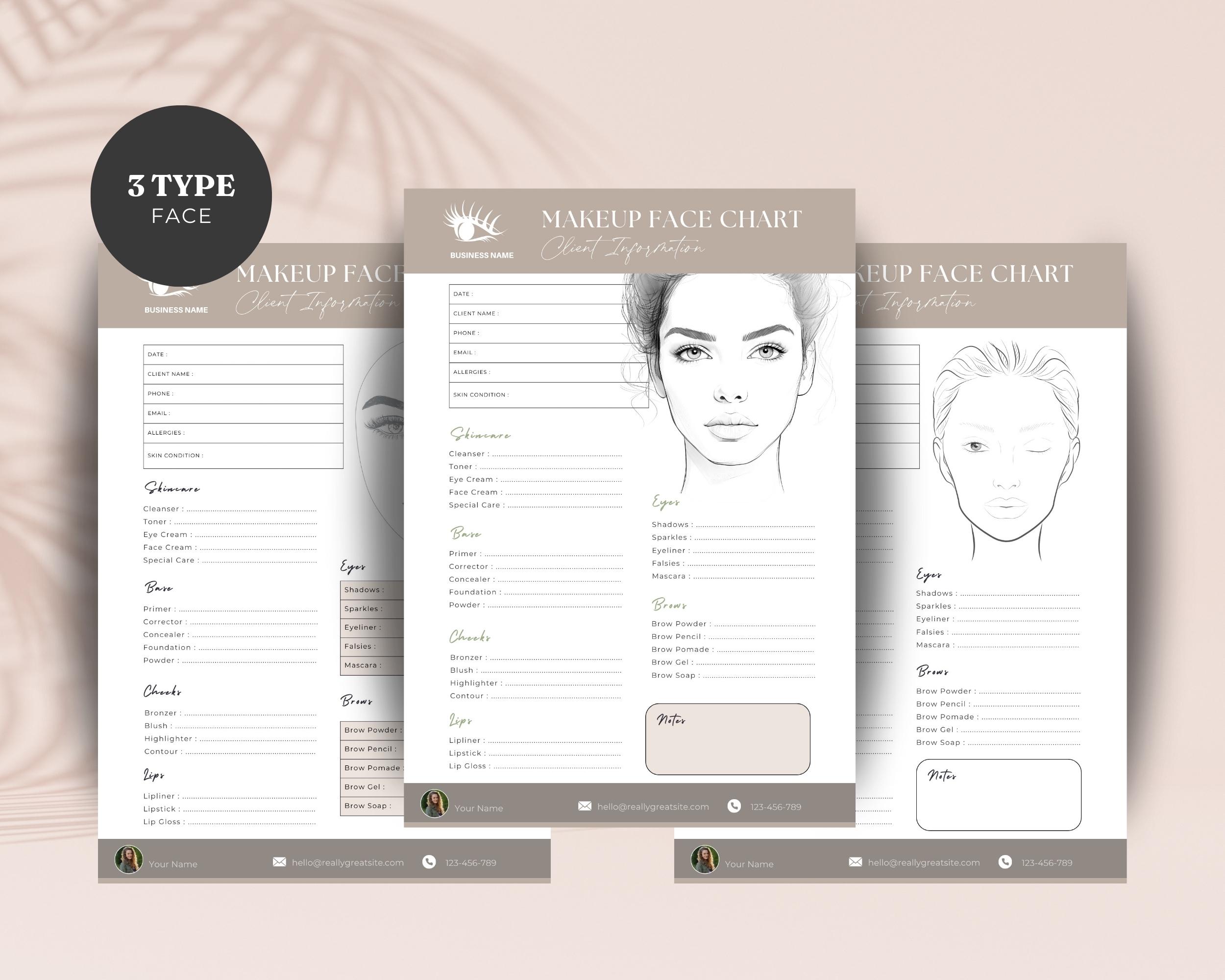 Makeup Face Chart Template: Professional Artist Canva Editable (PDF) - Etsy