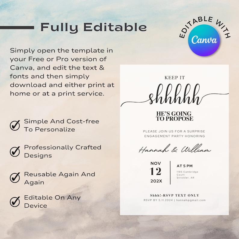 Surprise Engagement Party Invitation: Minimalist Canva Template (evite ...