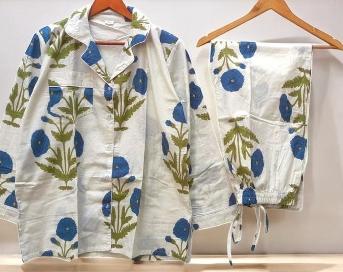 Hand Block Print Pajamas, Floral Pure Cotton Pj's, Pajamas Set ,indian ...