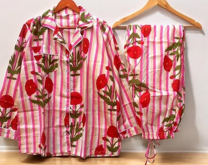 Hand Block Print Pajamas, Floral Pure Cotton Pj's, Pajamas Set ,indian ...