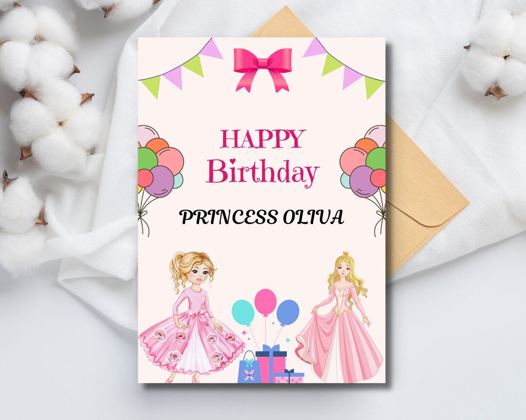 Princess Happy Birthday Card, Editable Princess Birthday Card, Pink ...
