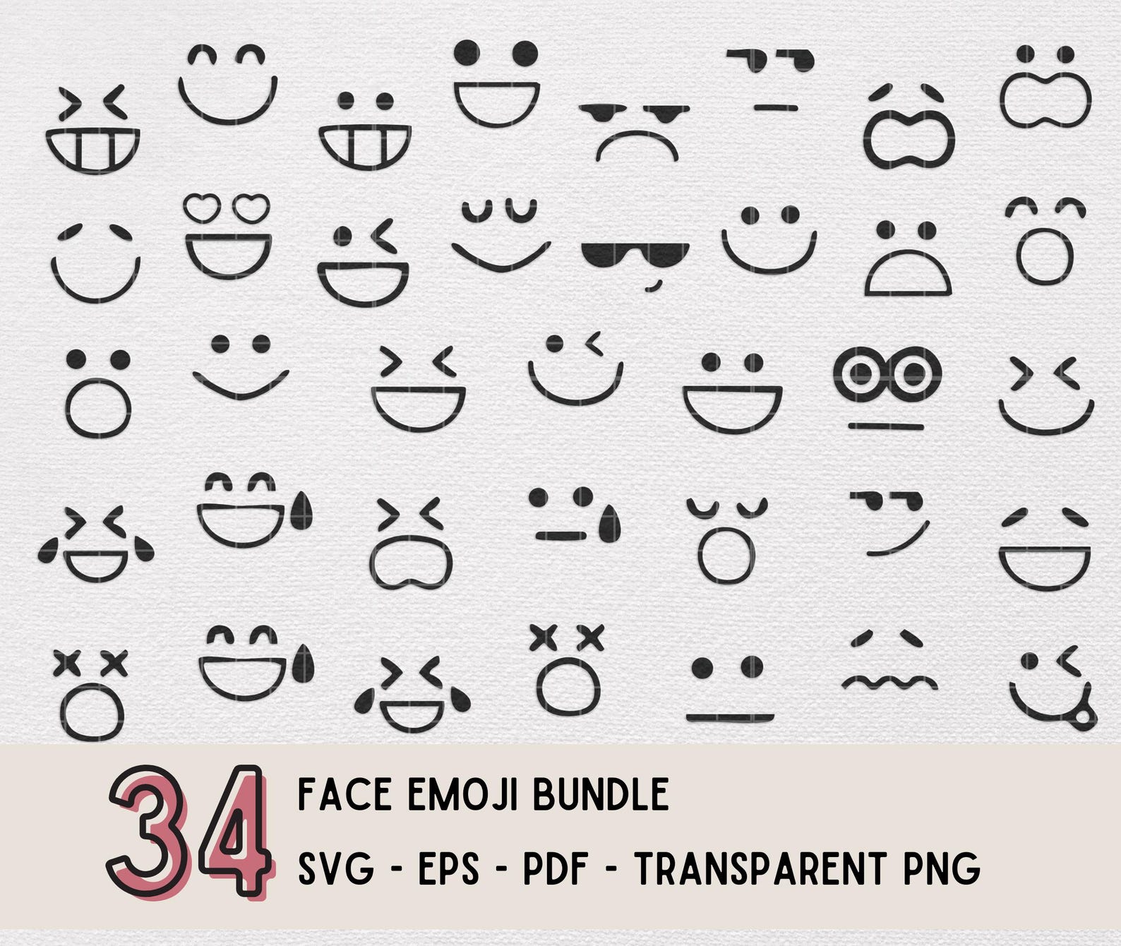 Kawaii Face Emoji Clipart Bundle: Hand-drawn PNG, SVG, EPS (digital ...