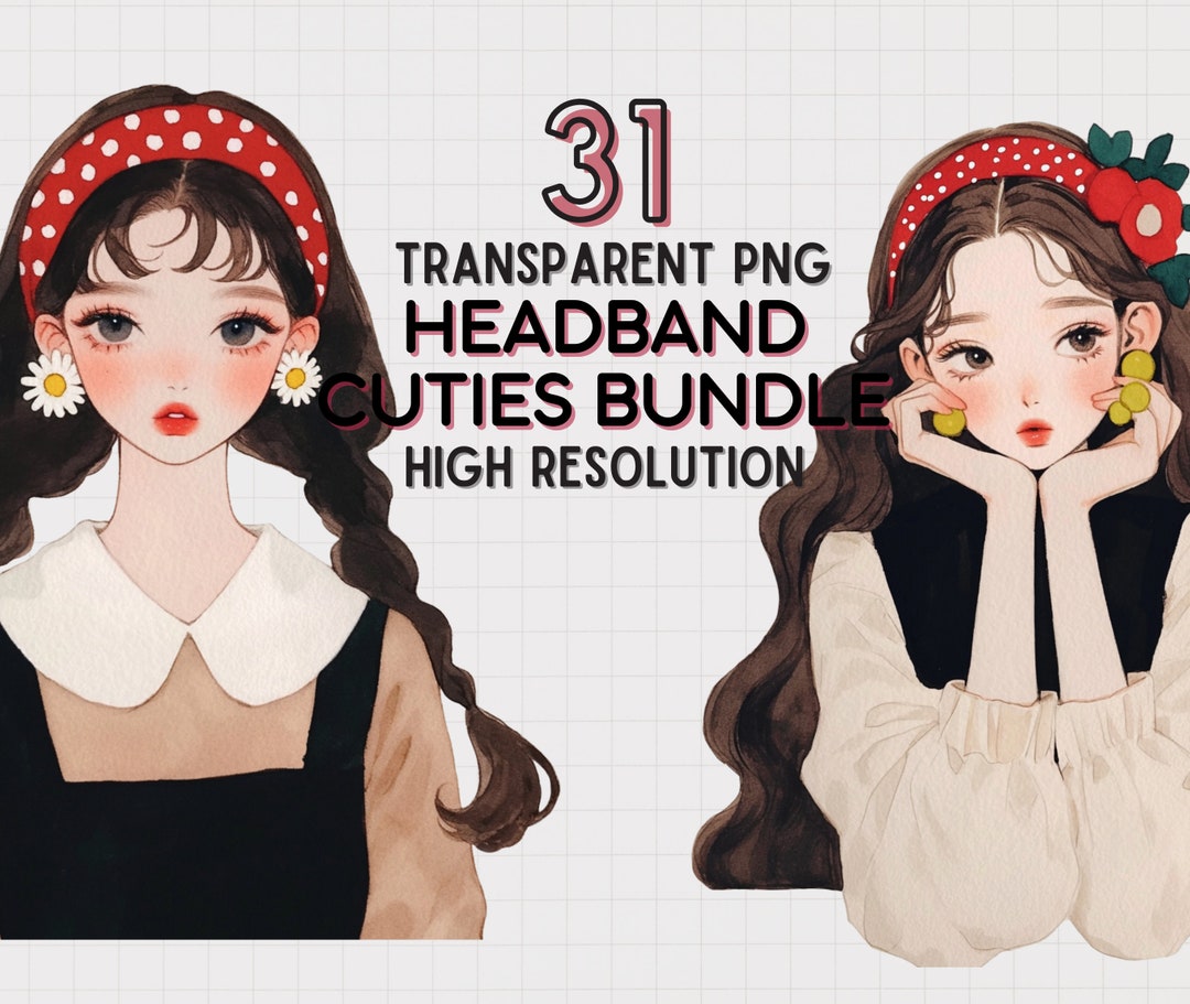 Girl Clipart Bundle: Watercolor Asian Girls With Headbands (PNG Digital ...